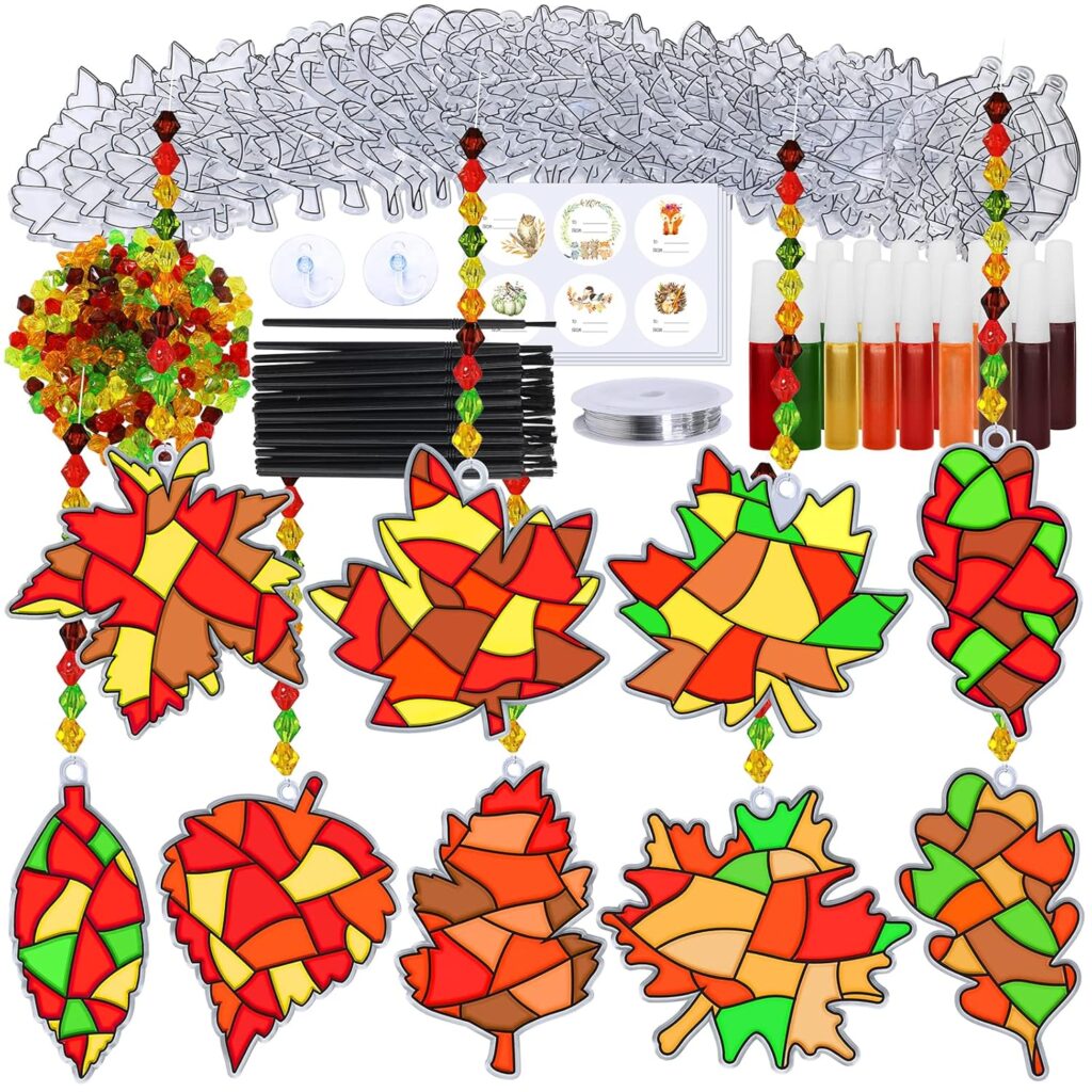 Winlyn 27 Sets Fall Leaf Suncatchers Ornaments Decorations DIY Window ...