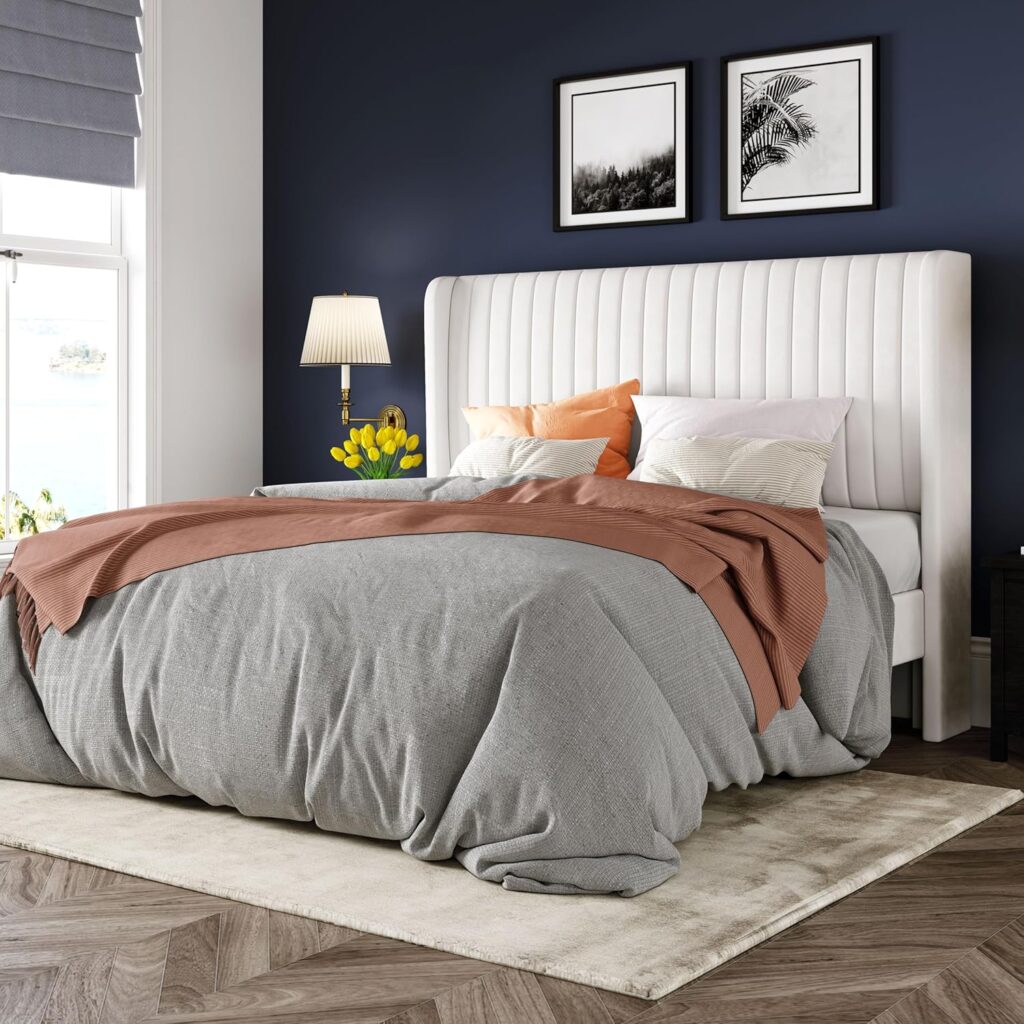 Allewie Full Size Velvet Bed Frame/Vertical Channel Tufted Wingback ...
