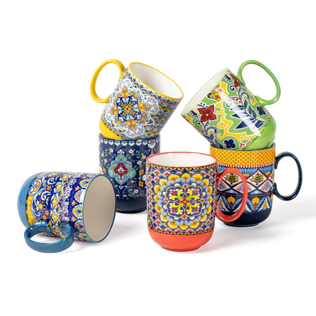 HENXFEN LEAD Boho Ceramic Coffee Mugs Set of 6 – 14 oz Porcelain Cups ...